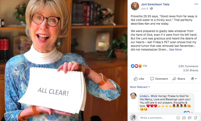 Joni Eareckson Tada thanks Jesus after being declared cancer free ...